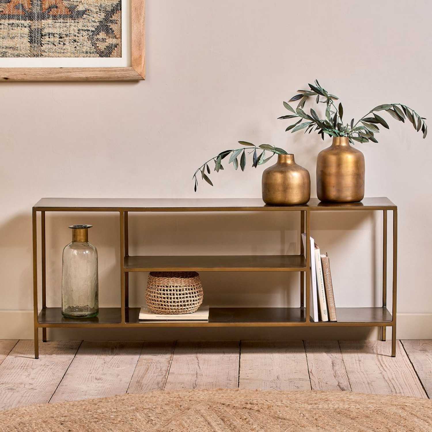 Nkuku Mahi Low Shelving Unit - Antique Brass Finish | Naken Interiors